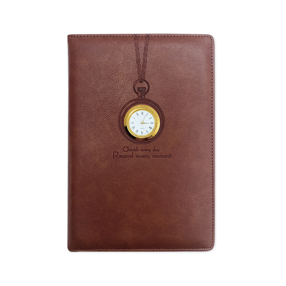 PU Leather Diary Custom logo Planner Paper bound Notebook with Timepiece