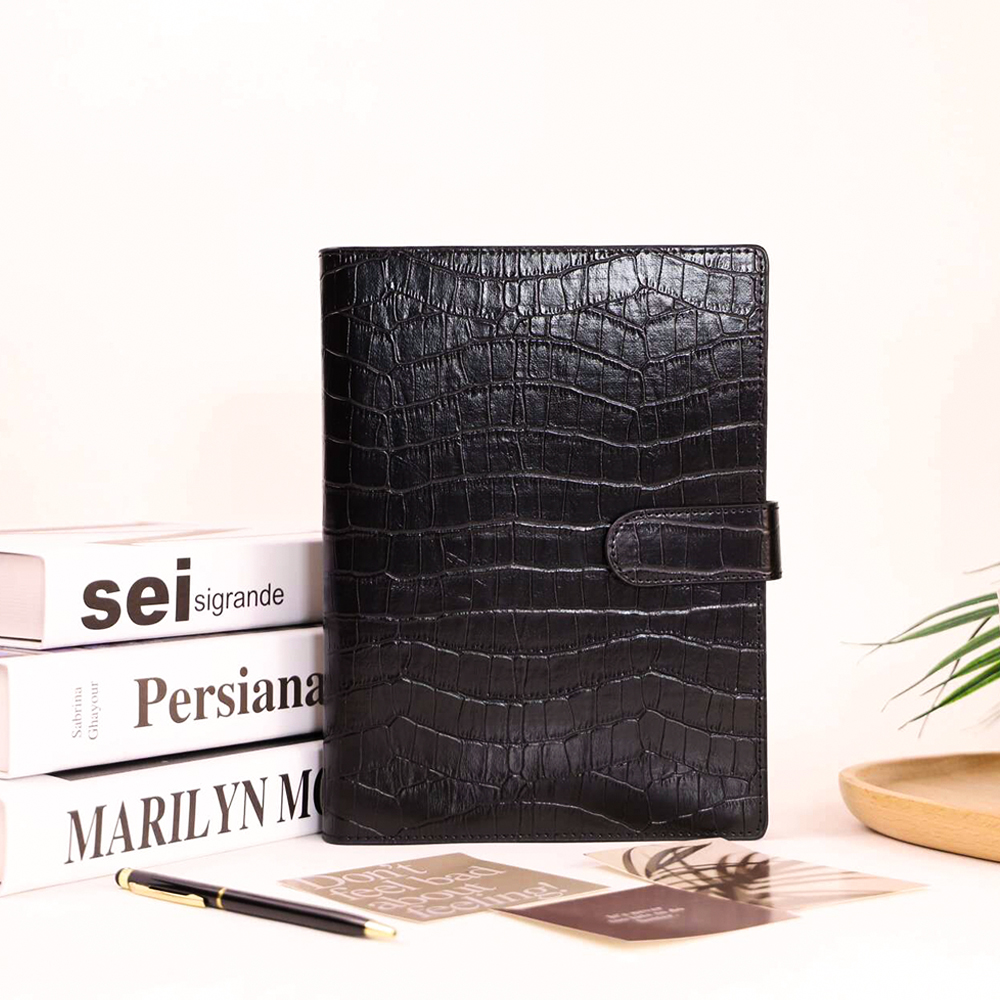 {Black Croc Cover Notebook Business Journal Ring Binder Agenda } {Black Croc Cover Notebook Business Journal Ring Binder Agenda }