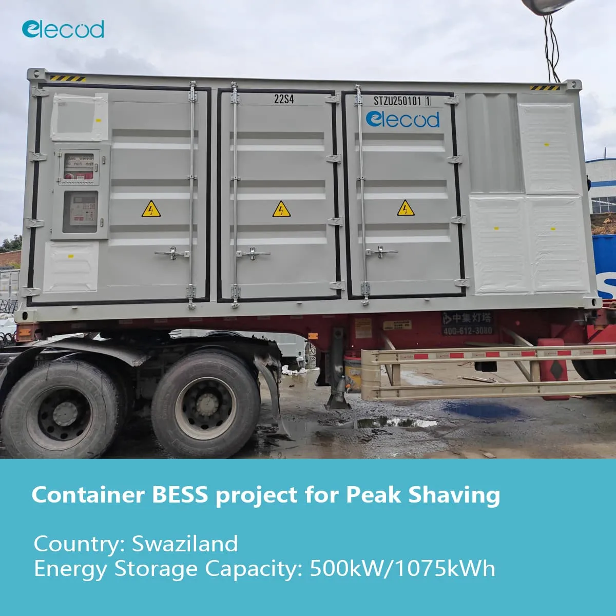 Elecod 500kW/1075kWh container BESS for peak shaving in Swaziland ...