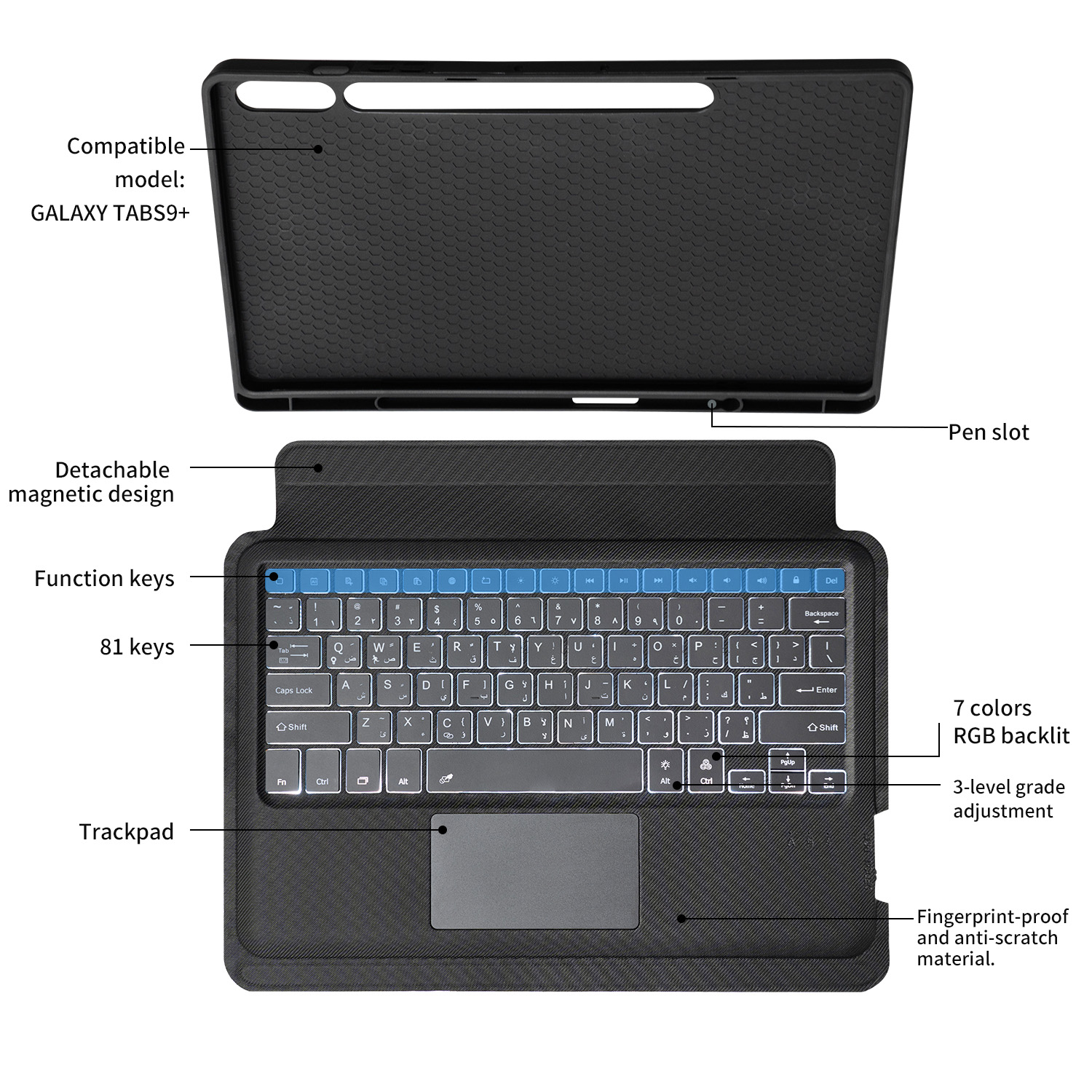 12.4'' Samsung Tab S9+ Detachable Bluetooth Keyboard Case - 81 Keys ...