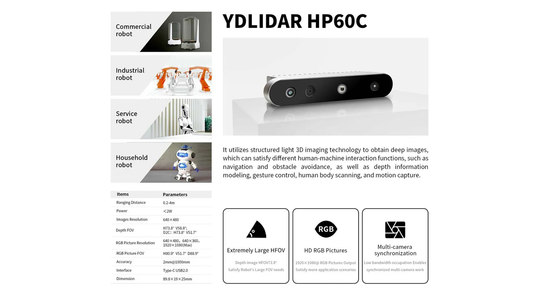 YDLIDAR HP60C - High-Performance depth camera for navigation and ...